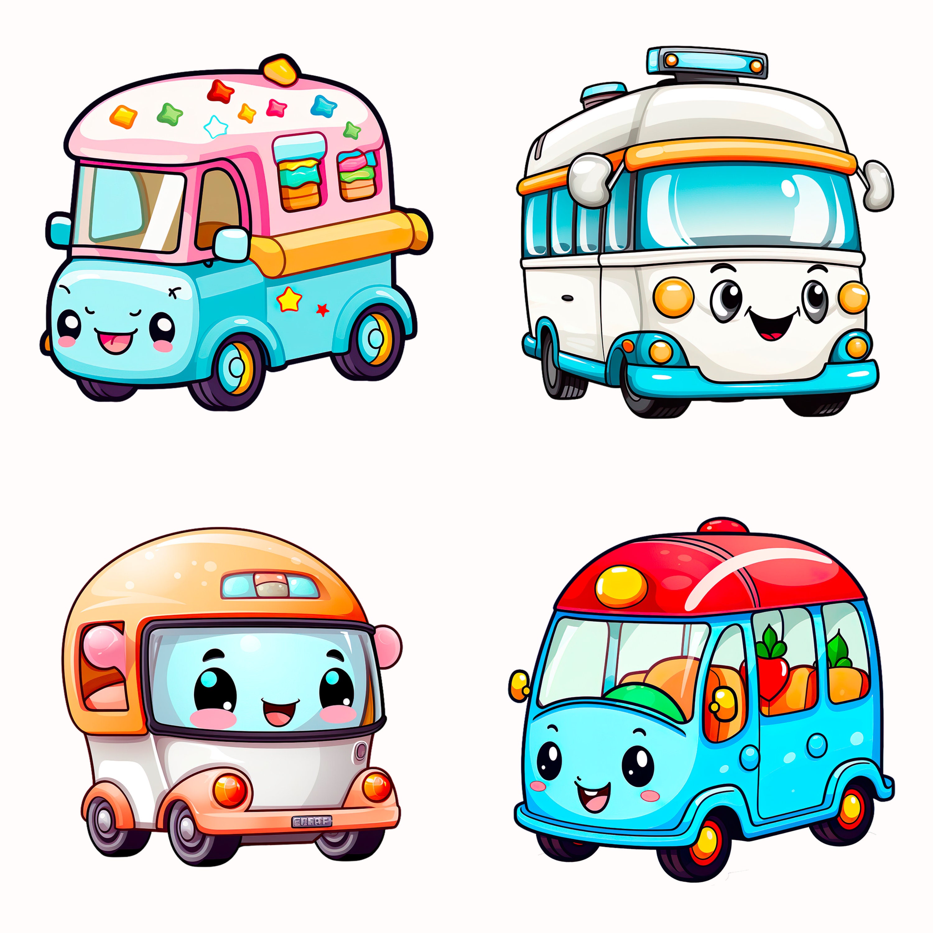 Funny Kawaii Vehicle Clip Art, Watercolor Adorable Kawaii Trucks PNG ...