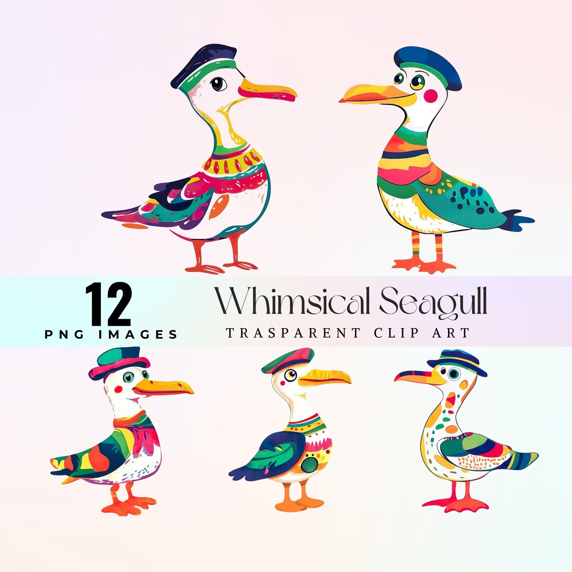 Colorful Seagull Clip Art: Whimsical Sea Birds PNG (digital Download ...