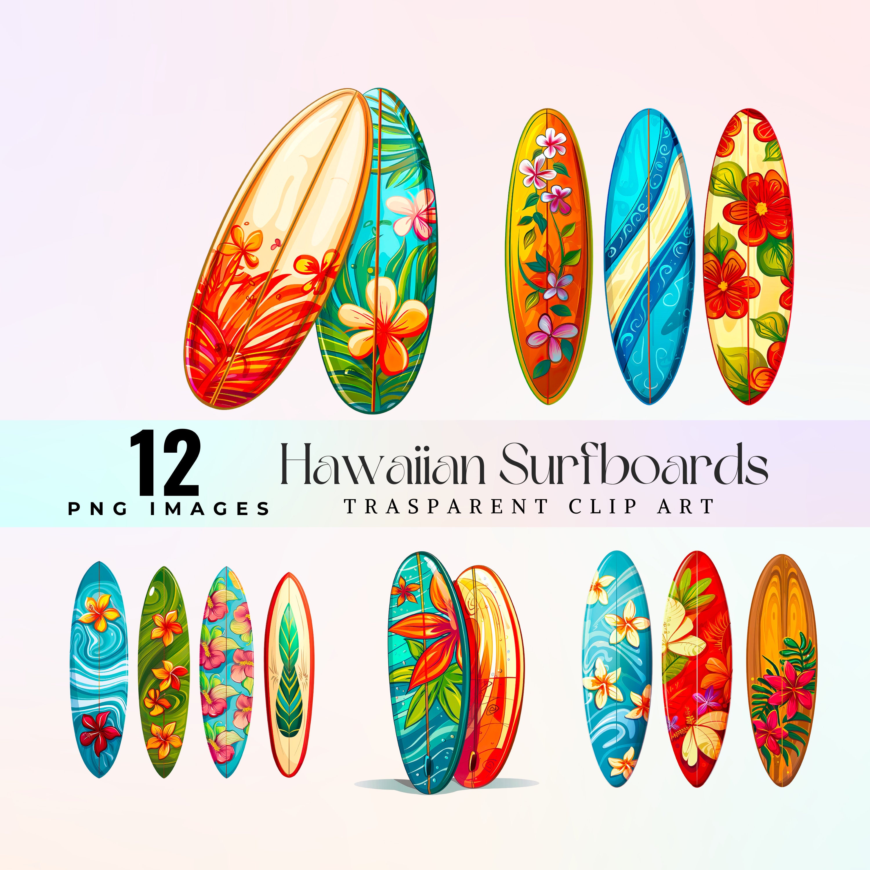 Watercolor Hawaiian Surfboards Clip Art: PNG Surfing Illustration ...