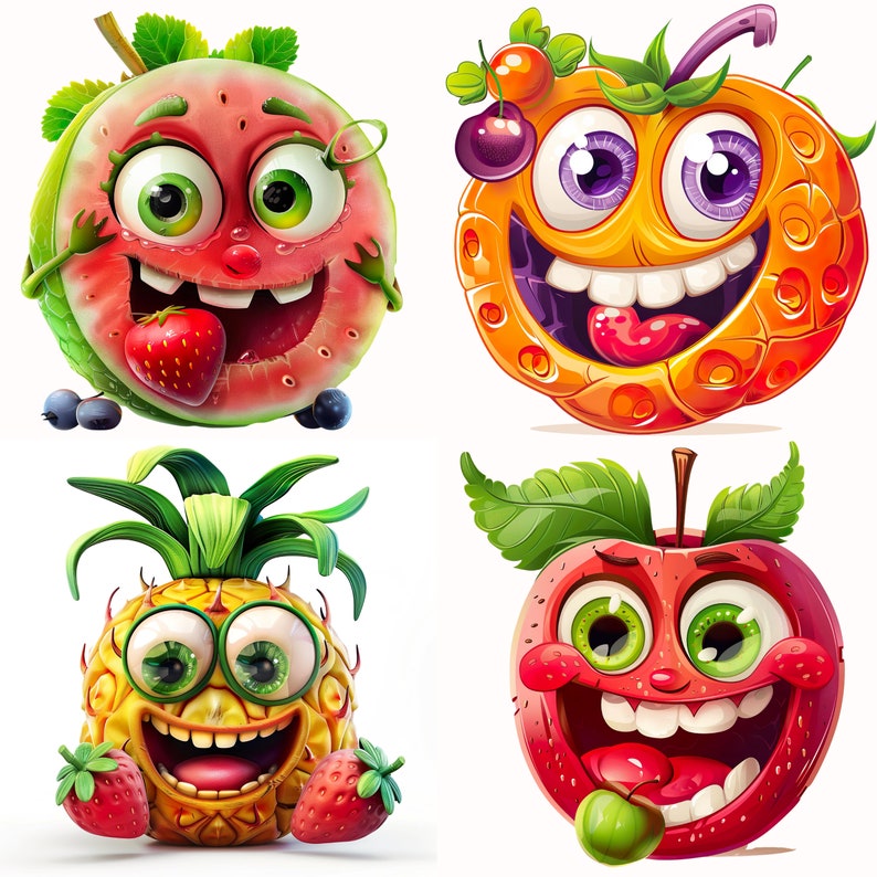 Funny Fruit Clip Art, Watercolor Happy Colorful Orchard Goods ...