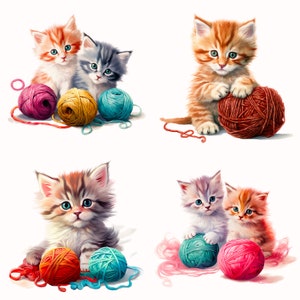 Yarn Ball Kitten Clip Art: Adorable PNG Illustration (digital Download ...