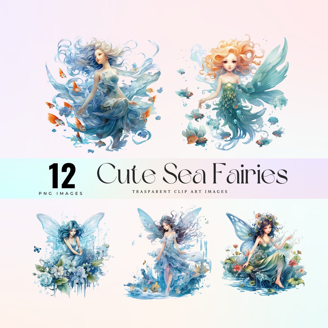 Cute Sea Fairies Clip Art, Watercolor Fairy Tale Illustration PNG ...