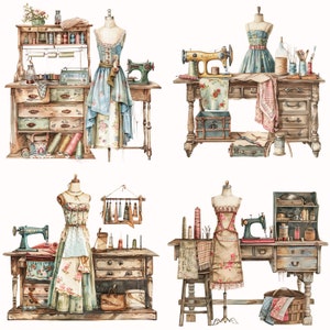 Vintage Sewing Room Clip Art, Watercolor Retro Sewing Tools ...