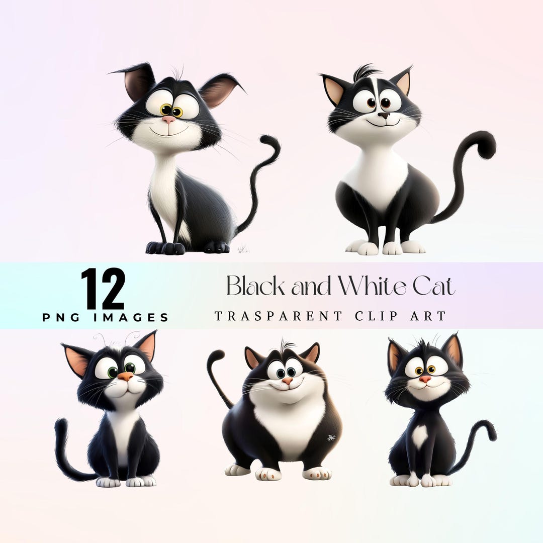 Funny Black and White Cats Clip Art, Whimsical Kitty Sketch ...