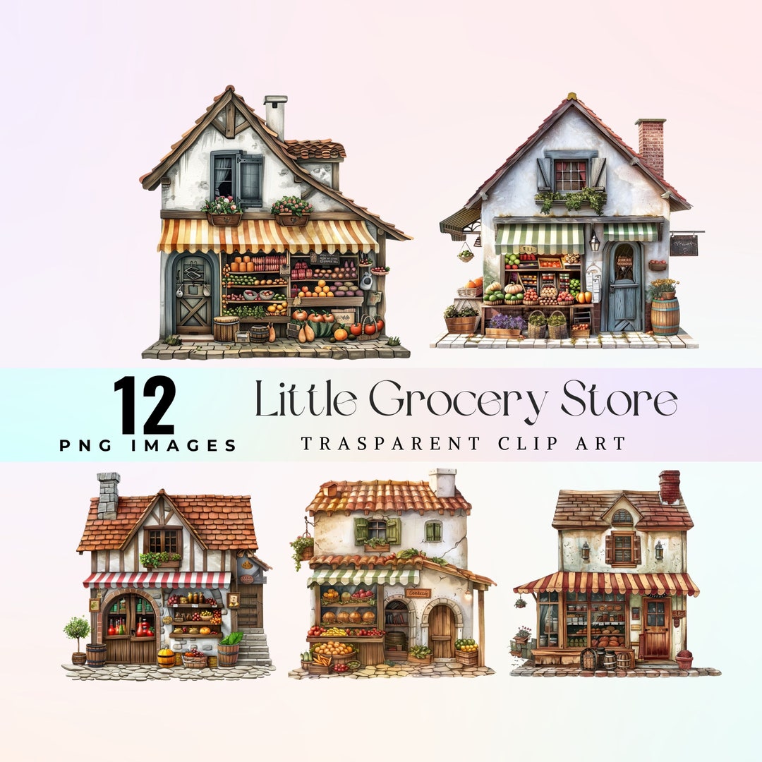 Watercolor Grocery Store Clipart: Mini Market Illustration (PNG Digital ...