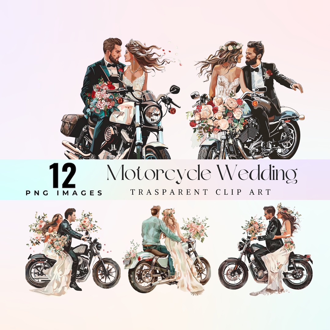 Lovely Wedding Motorcycle Clip Art, Watercolor Romantic Just Married ...