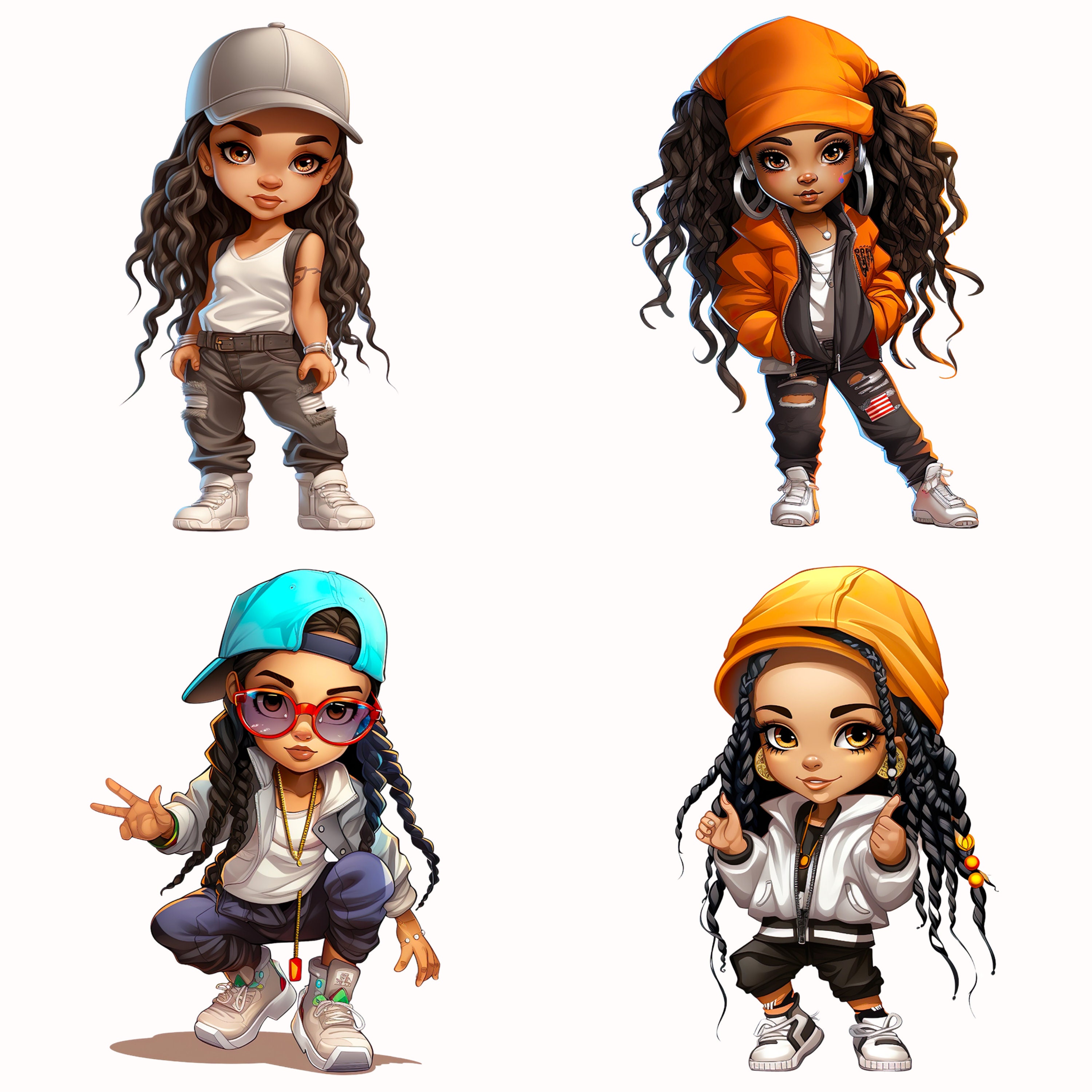 Playful Chibi Hip-hop Girl Clip Art, Watercolor Joyful Rap Girl ...