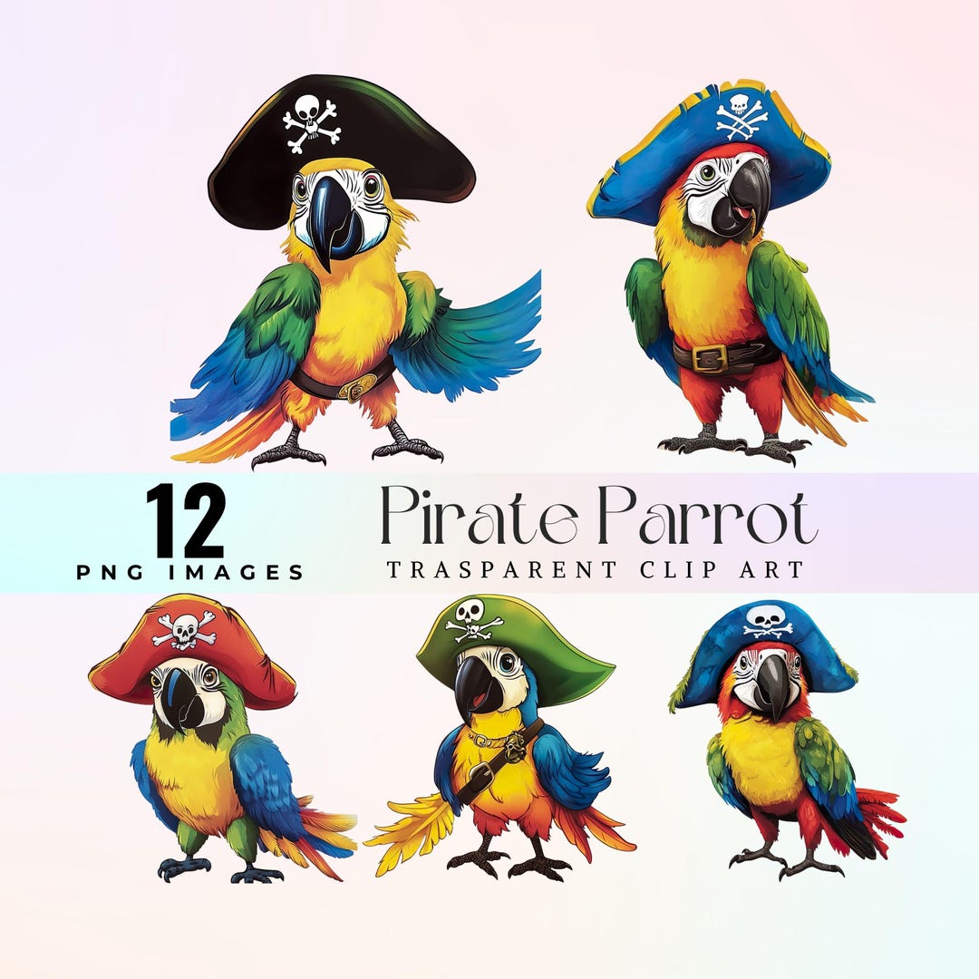Watercolor Pirate Parrot Clip Art: Colorful Corsair Macaw (PNG Digital ...