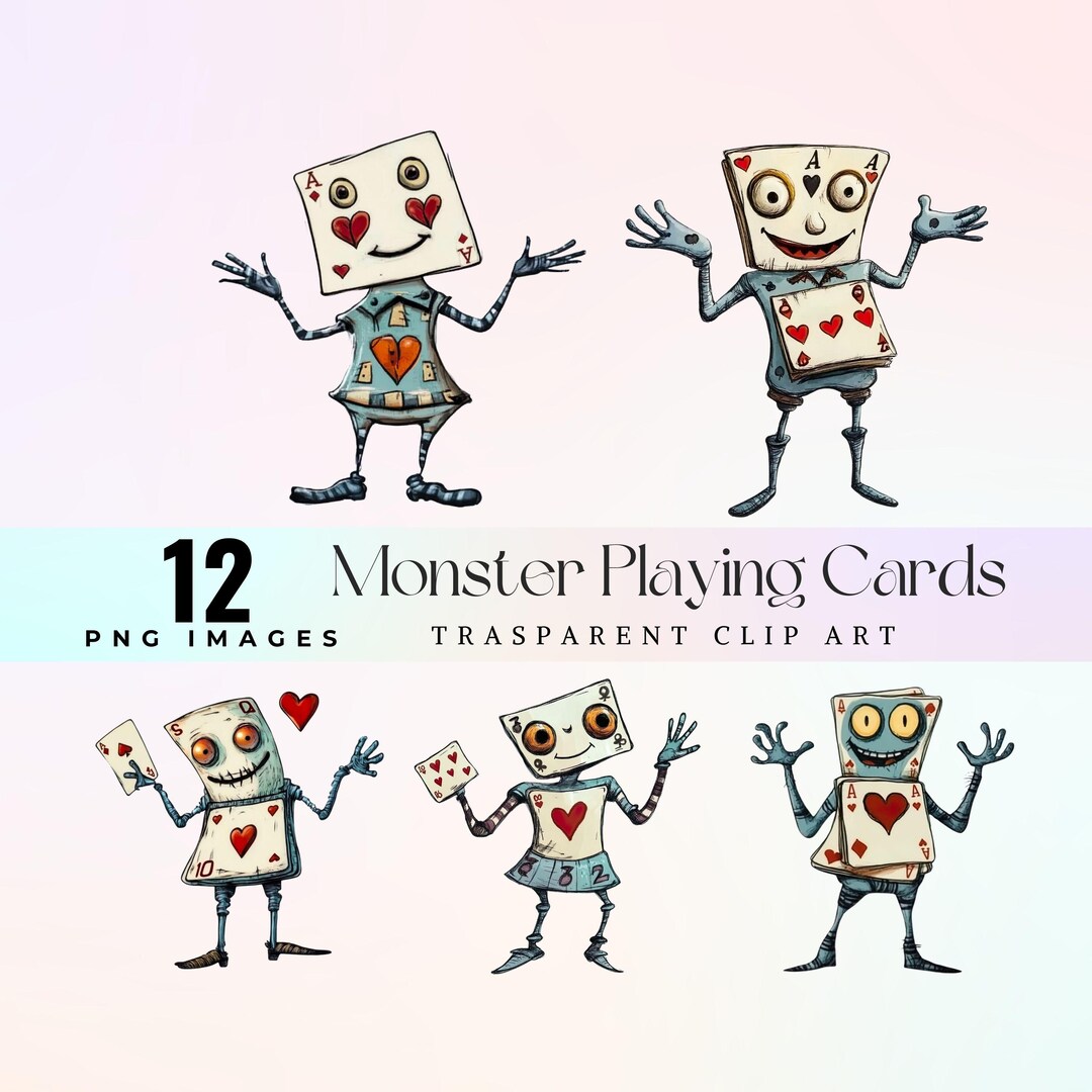 Whimsical Monster Playing Cards Clip Art: Funny Watercolor PNG (300 DPI ...