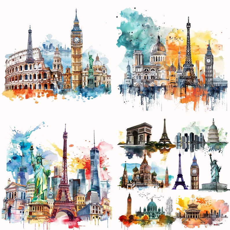Famous Cities Clip Art, Watercolor Mixed Monuments of the Most ...