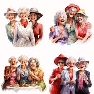 Happy Old Friend Ladies Clip Art, Joyous Older Women Illustration PNG ...