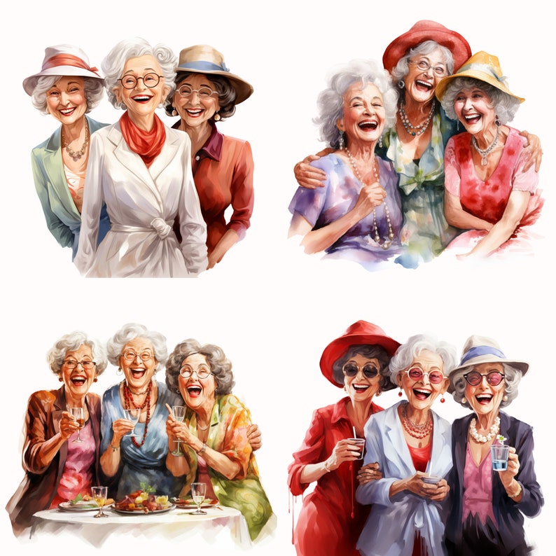 Happy Old Friend Ladies Clip Art, Joyous Older Women Illustration PNG ...