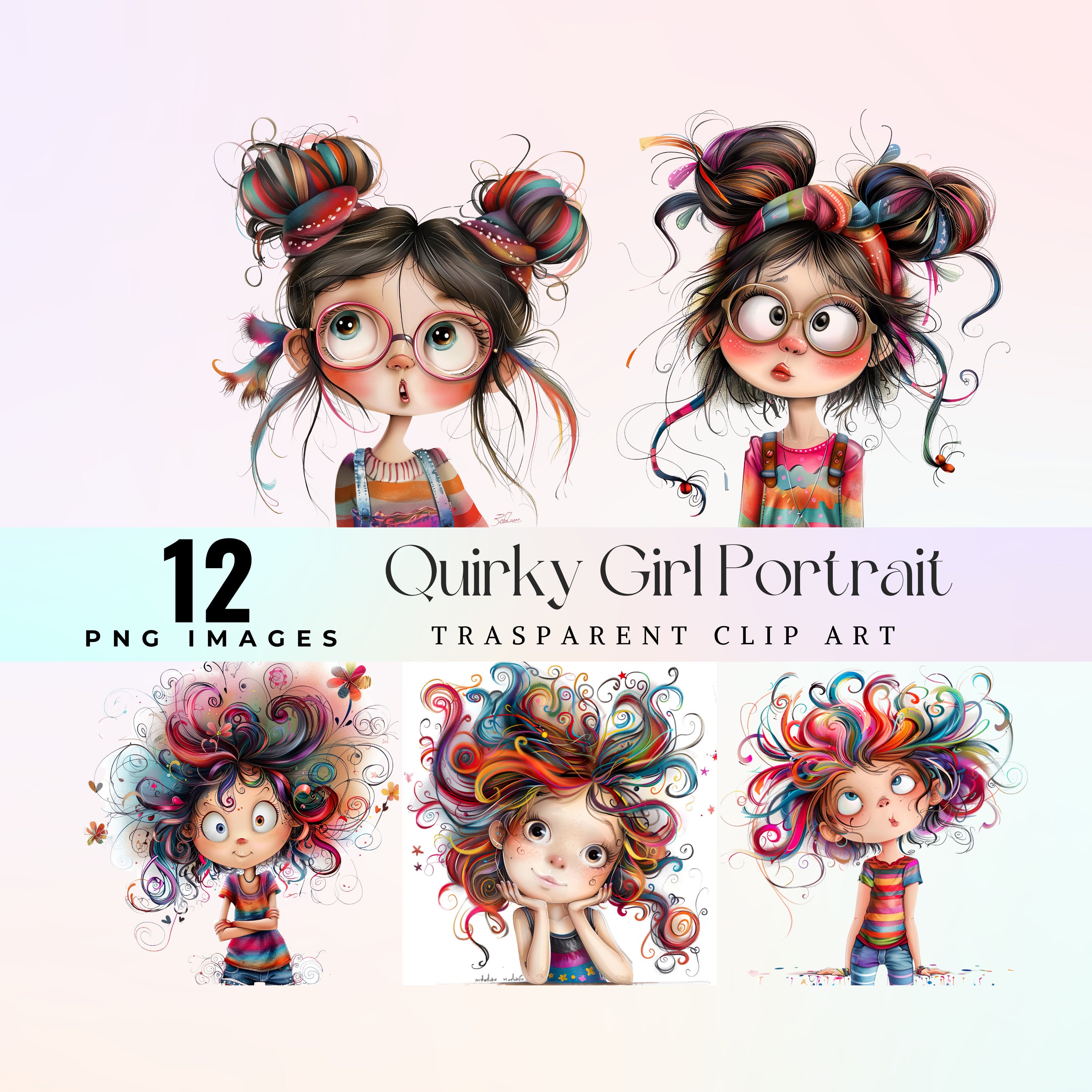 Watercolor Quirky Girl Portrait Clip Art: PNG Illustration (digital ...