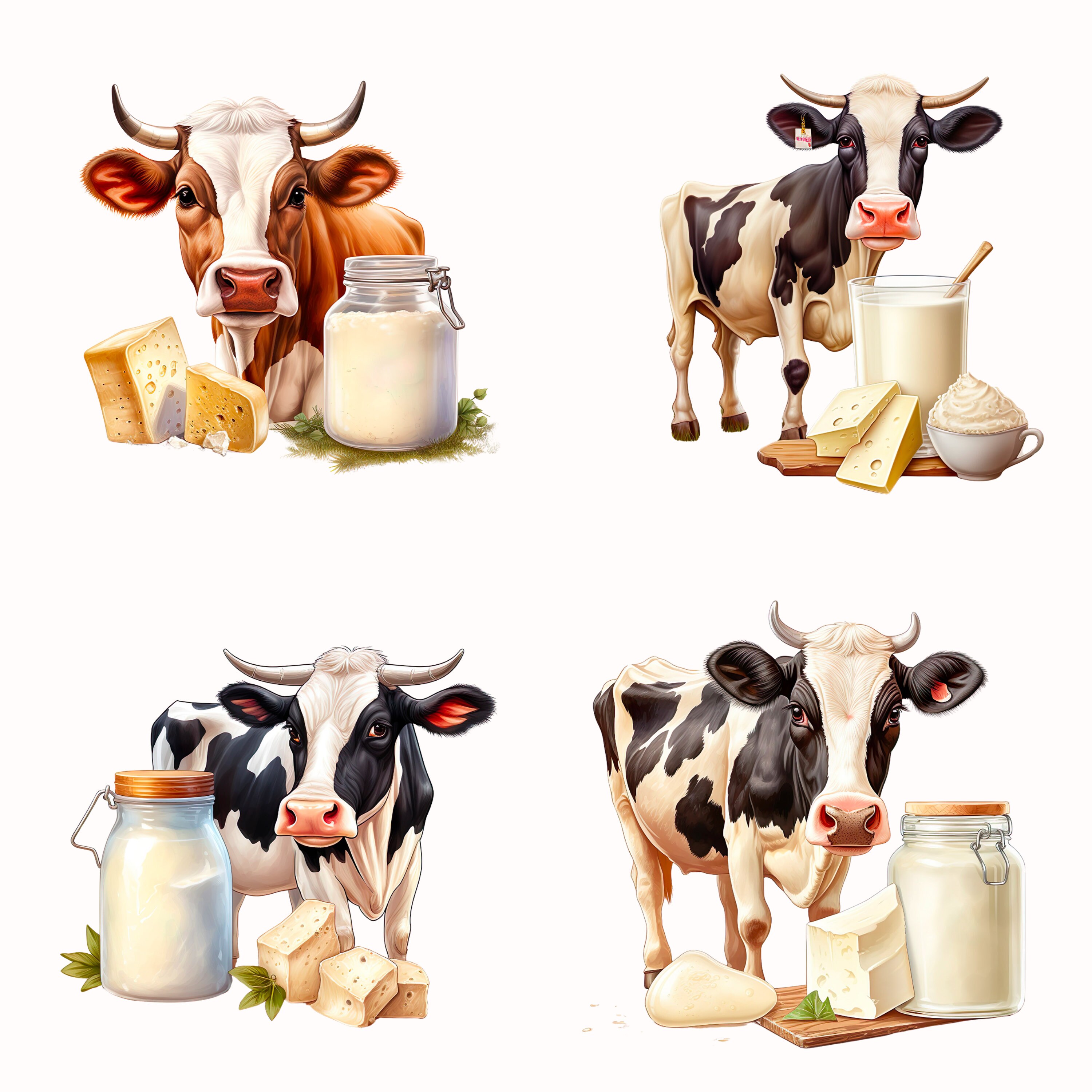 Cute Cows With Milk and Cheese Clip Art, Watercolor Dairy Doodles ...