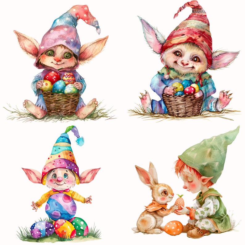 Cute Easter Elf Clip Art, Watercolor Funny Bunny Elf Illustration PNG ...
