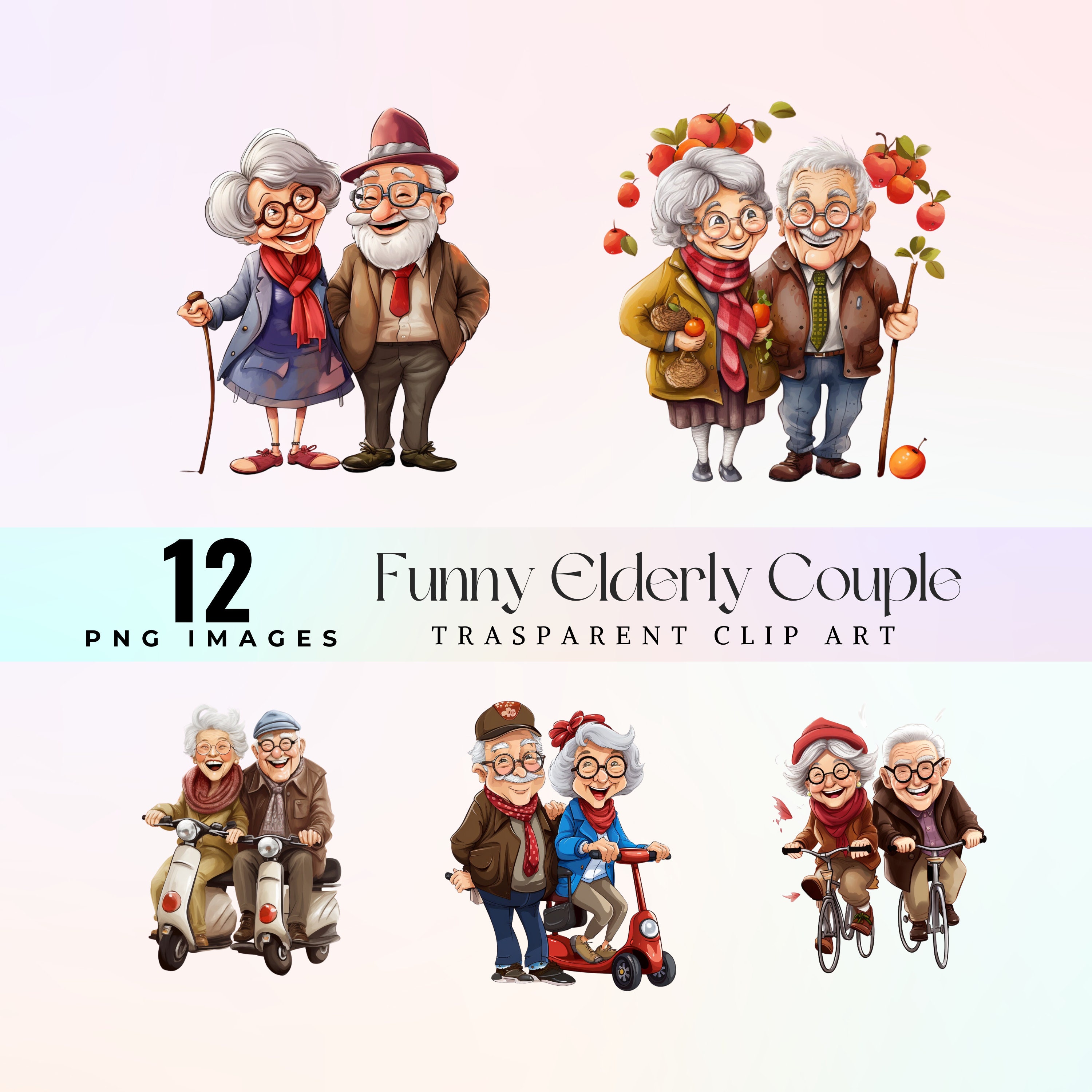 Cheerful Elderly Couple Clip Art, Watercolor Funny Old Couple ...