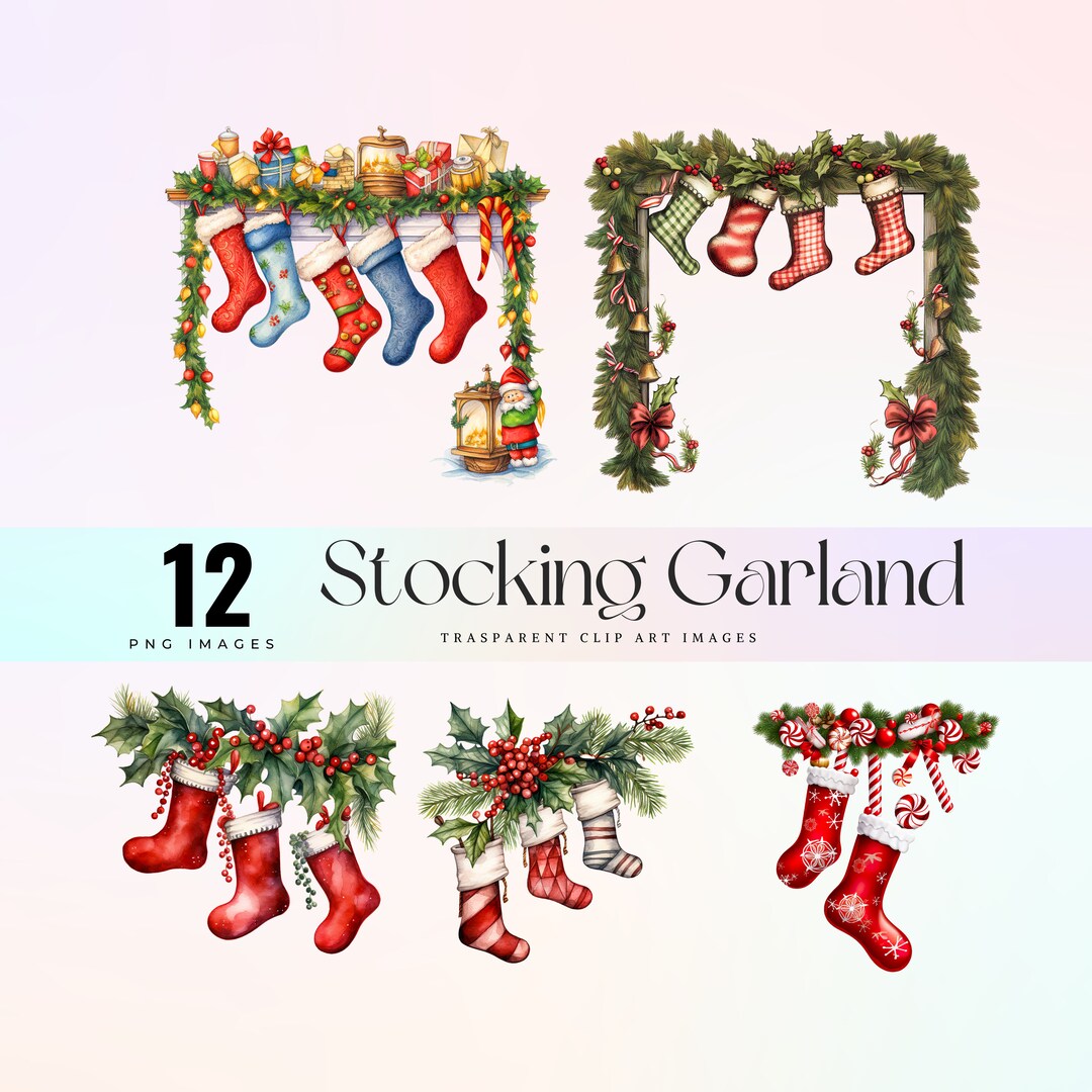 Hanging Stocking Garland Decor Clip Art, Watercolor Epiphany Design Png ...