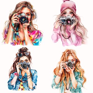 Charming Photographer Clip Art, Watercolor Adorable Woman With Camera Illustration PNG, Lovely ...