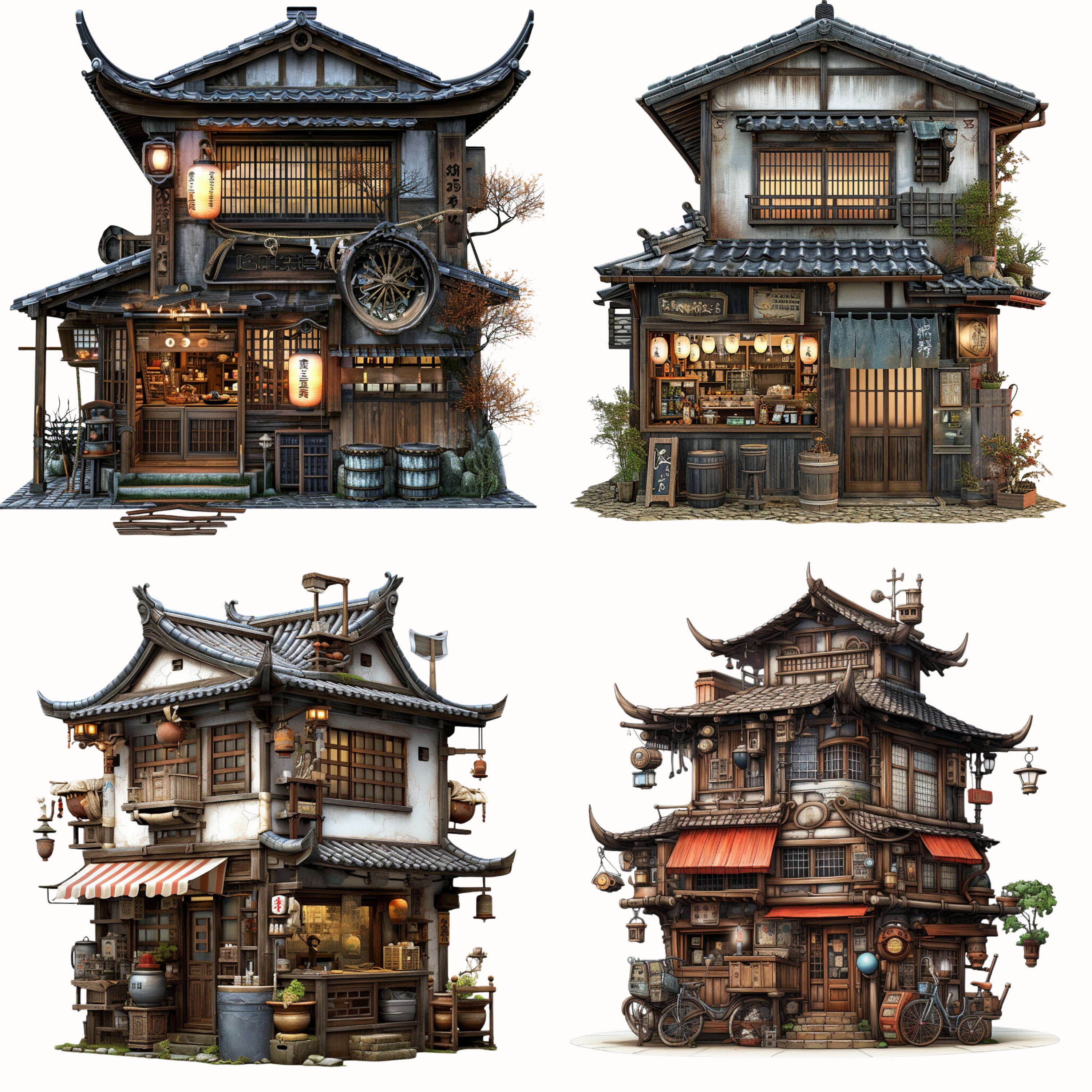 Old Japanese Shops Clip Art, Watercolor Vintage Japan Storefronts ...