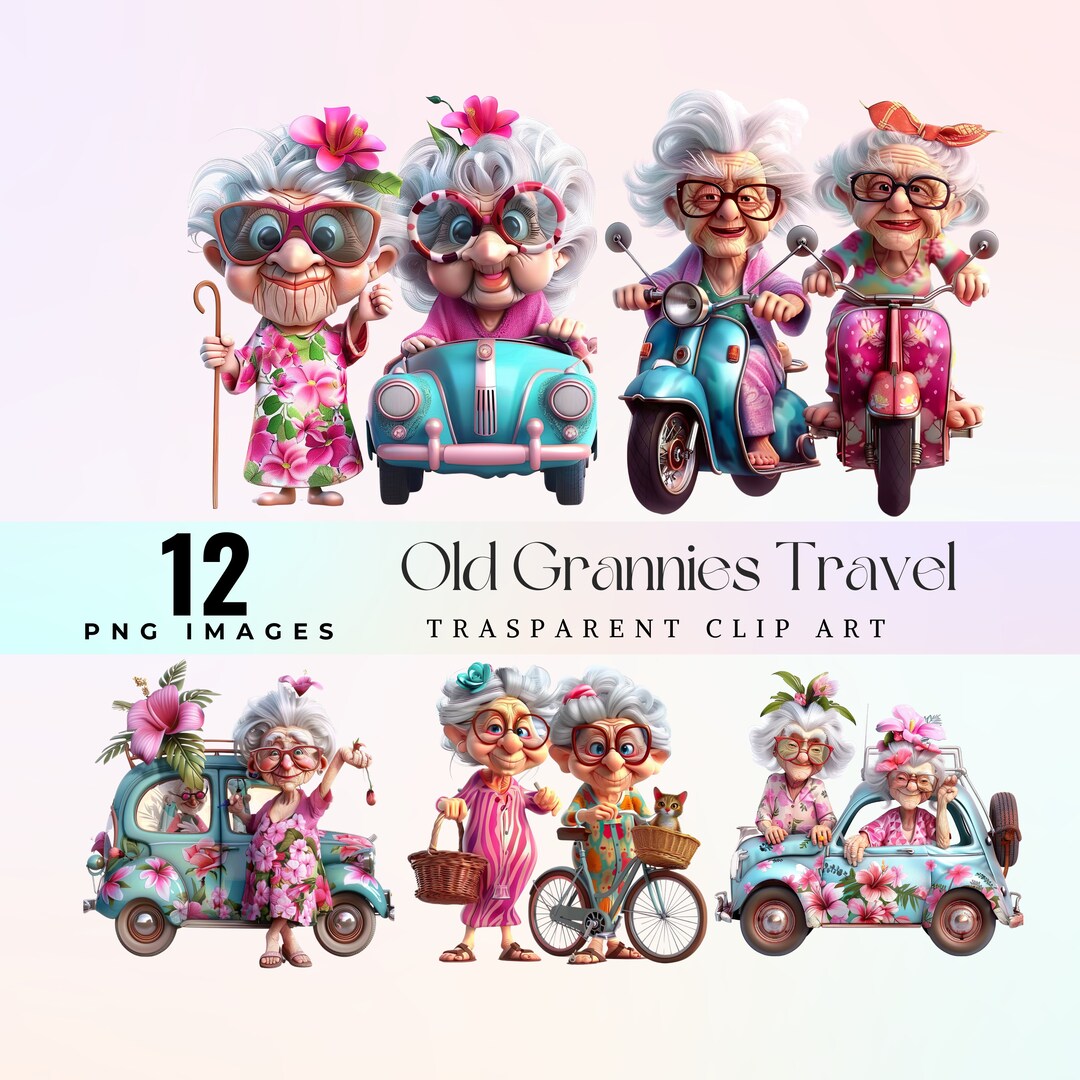 Funny Old Grannies Travel Clip Art, Watercolor Eccentric Elderly ...