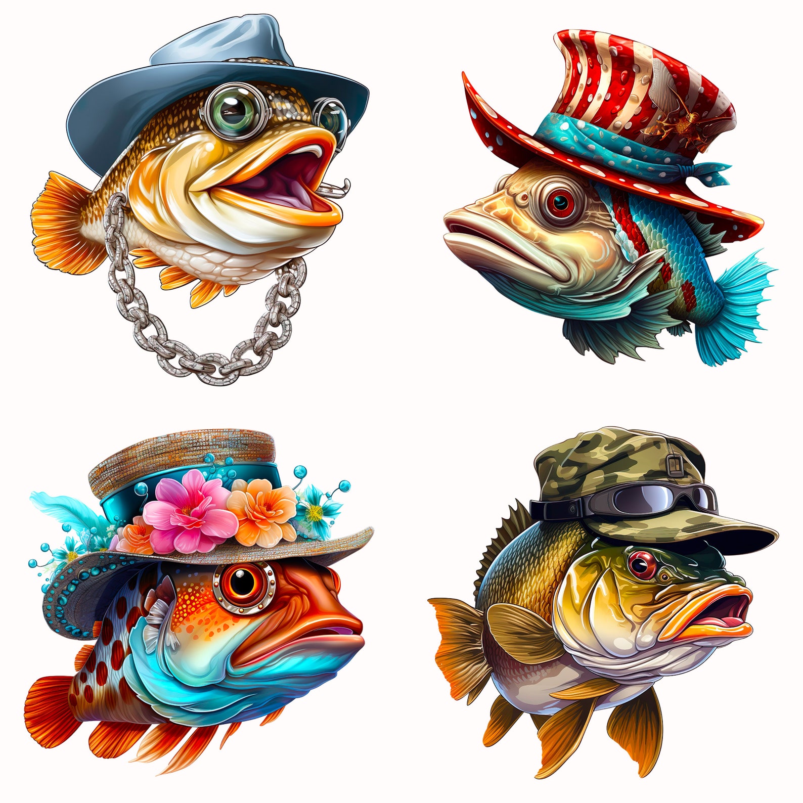 Funny Bass Fish Clip Art, Watercolor Saltwater Fish With Sunglasses and ...