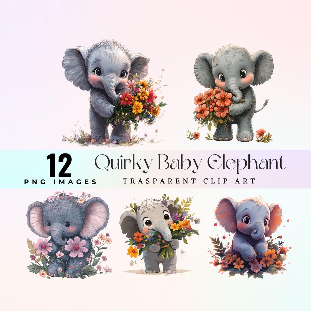 Baby Elephant Clipart, Floral Illustration, Boho Kids Decor (PNG) - Etsy