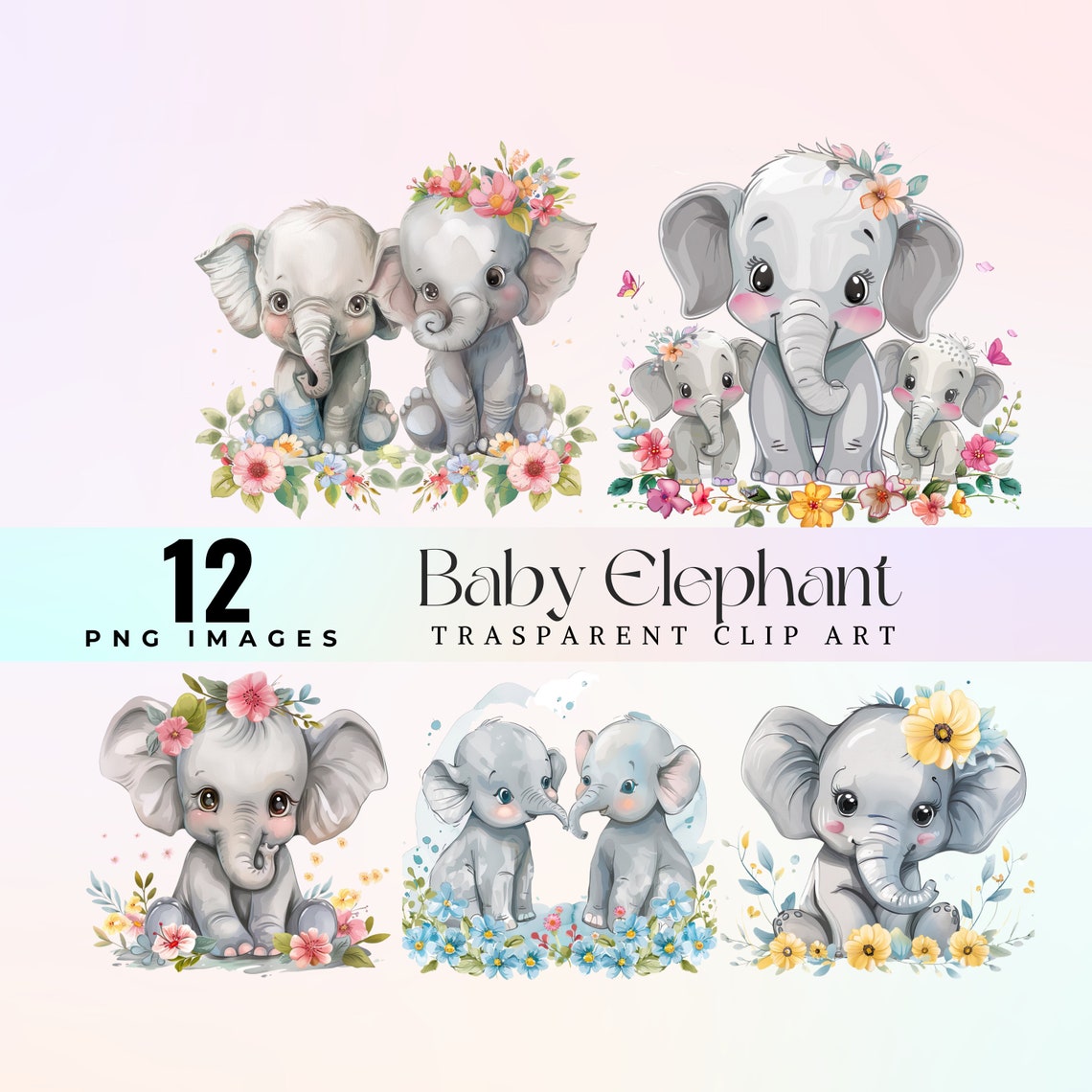 Adorable Baby Elephant Clip Art, Watercolor Lovely Elephants and ...