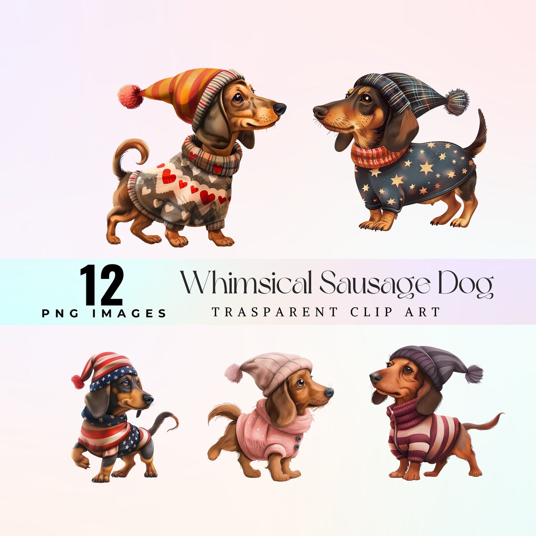 Whimsical Sausage Dog Clip Art, Watercolor Funny Dressed up Basset ...