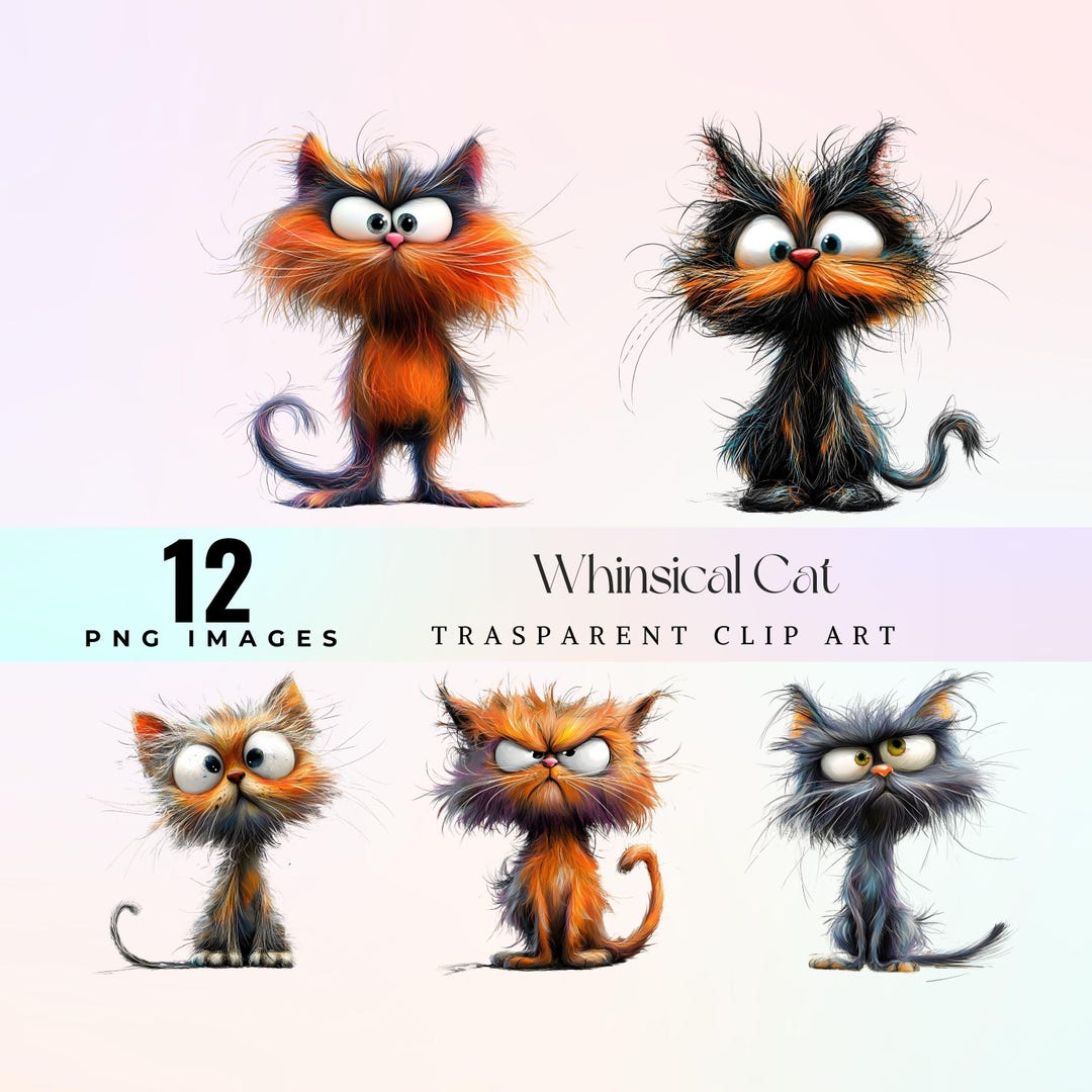 Whimsical Cats Clip Art, Quirky Pussycat Illustration PNG, Silly ...