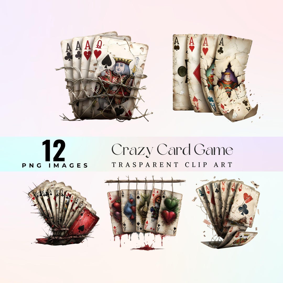 Whimsical Playing Cards Clip Art: Crazy Card Game PNG Graphics (digital ...