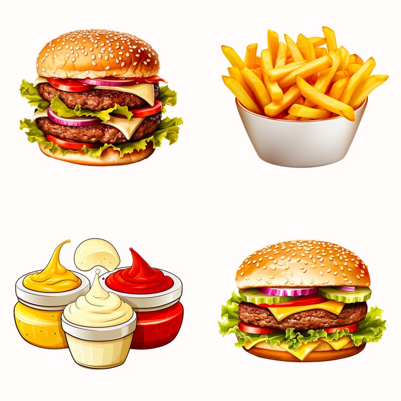 Delicious Fast Food Clip Art, Watercolor Tasty Hamburger Illustration ...