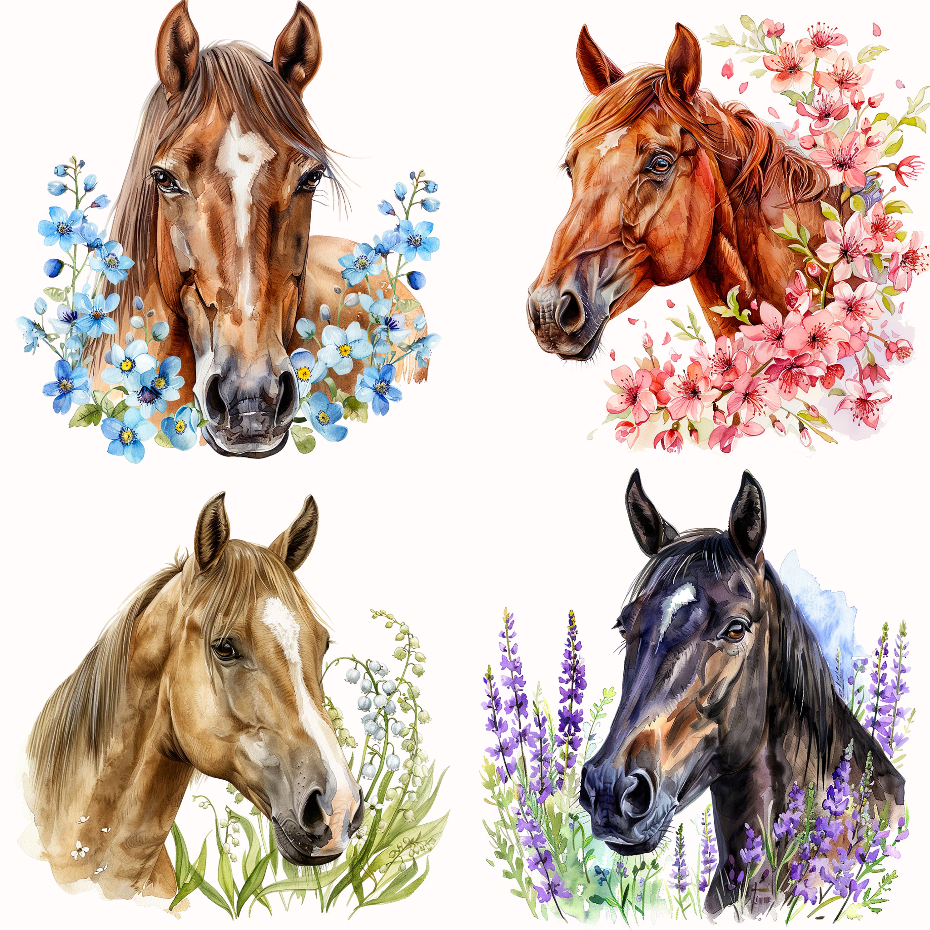 Lovely Floral Horse Face Clip Art, Watercolor Graceful Horse Portrait ...