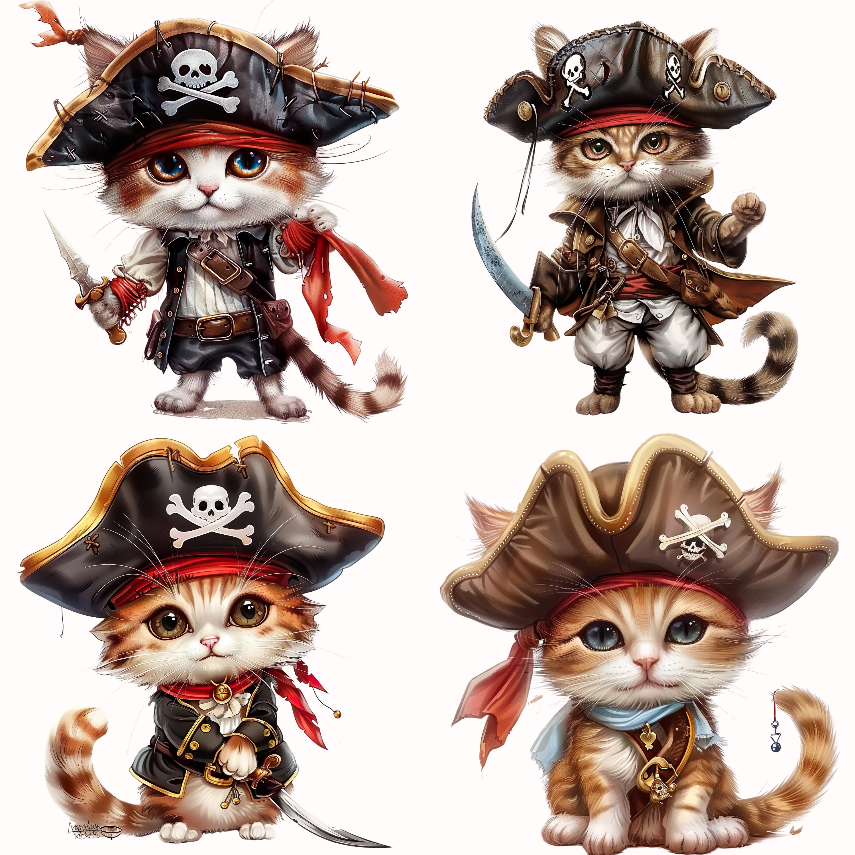 Watercolor Pirate Cat Clipart, Funny Nautical Kitten Illustration (PNG ...