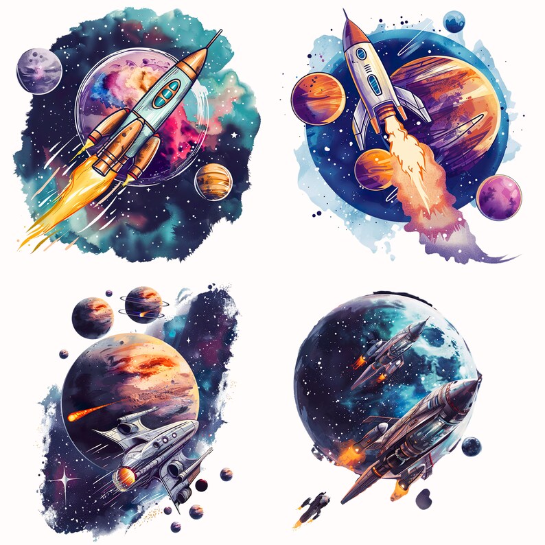 Cute Space Ship Clip Art, Watercolor Planet Journey Illustrations PNG ...