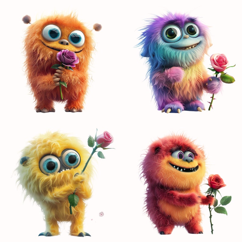 Romantic Monsters Clip Art, Watercolor Fluffy Rose Monsters ...