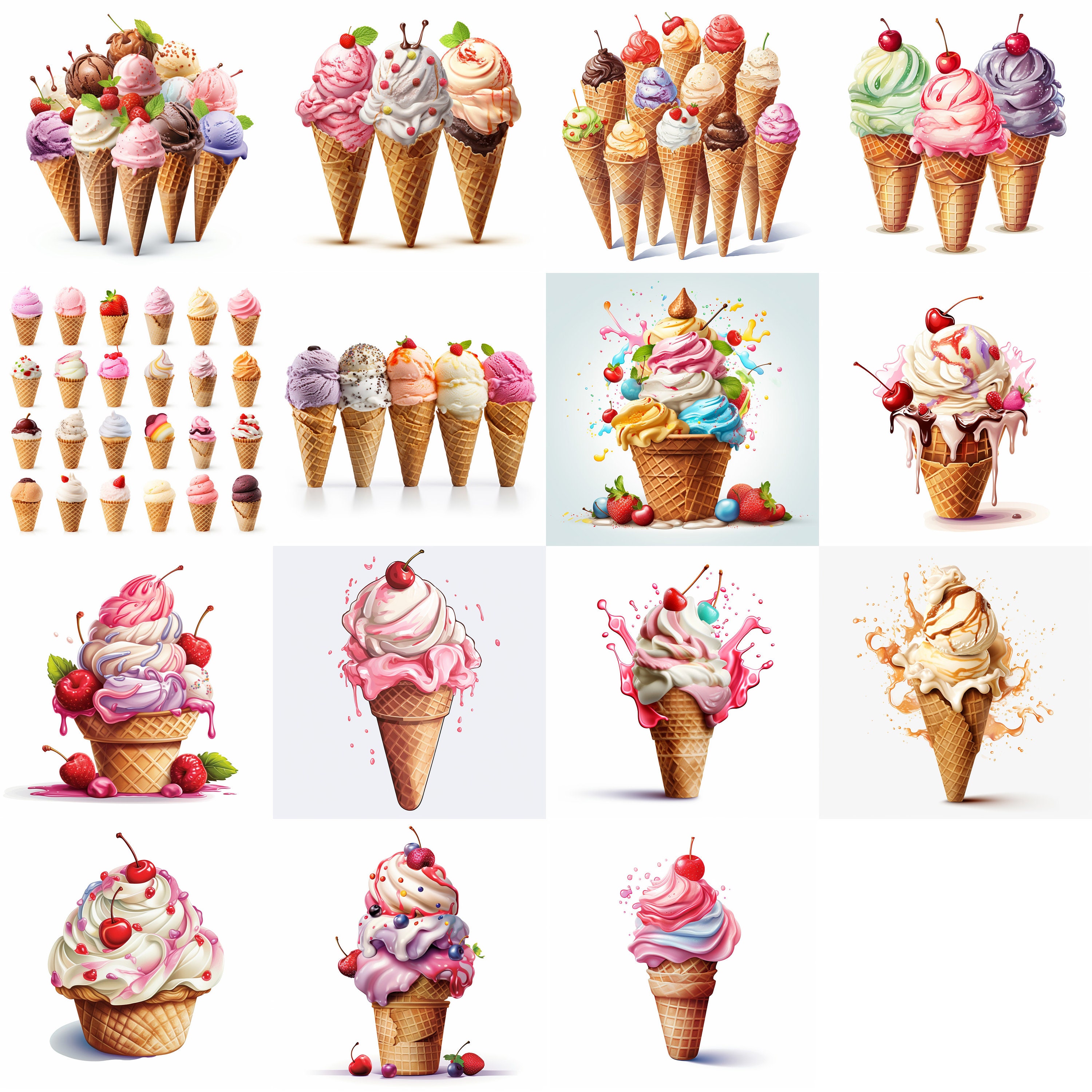 Sweet Ice Cream Clip Art, Watercolor Sugar Cone Illustration PNG, Cream ...