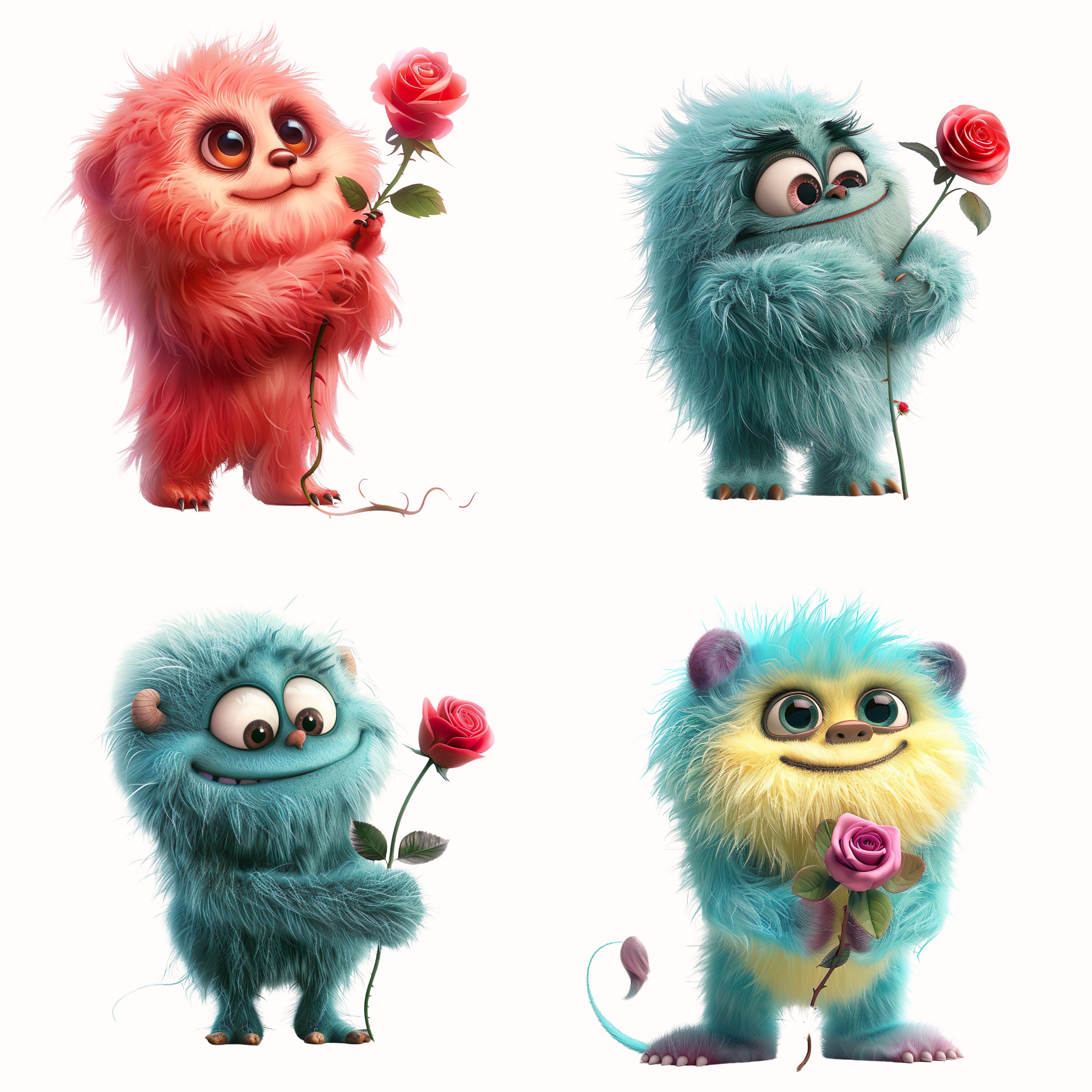 Romantic Monsters Clip Art, Watercolor Fluffy Rose Monsters ...