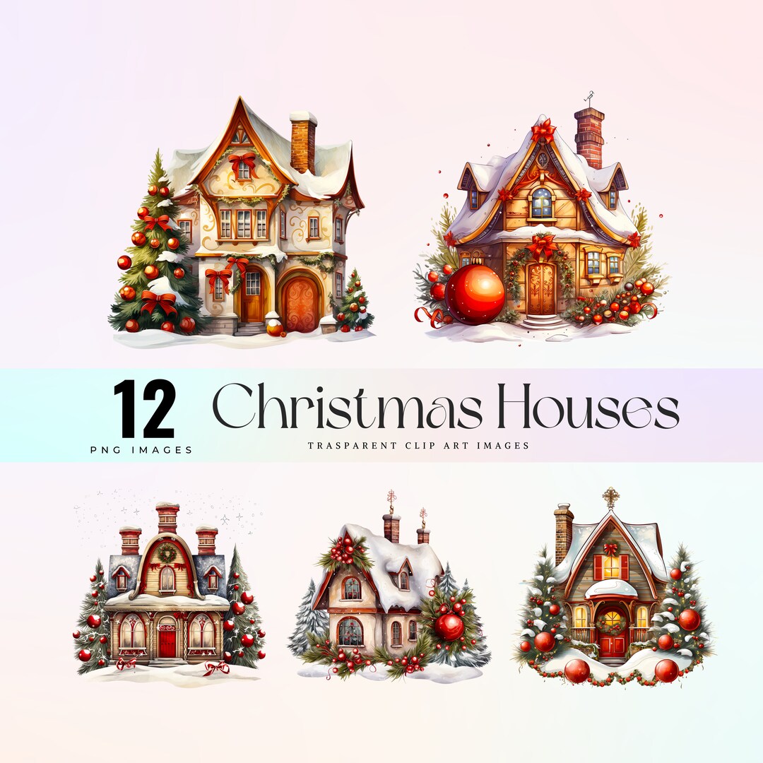 Christmas Houses Clip Art, Watercolor Christmas Cottage PNG, Festive ...