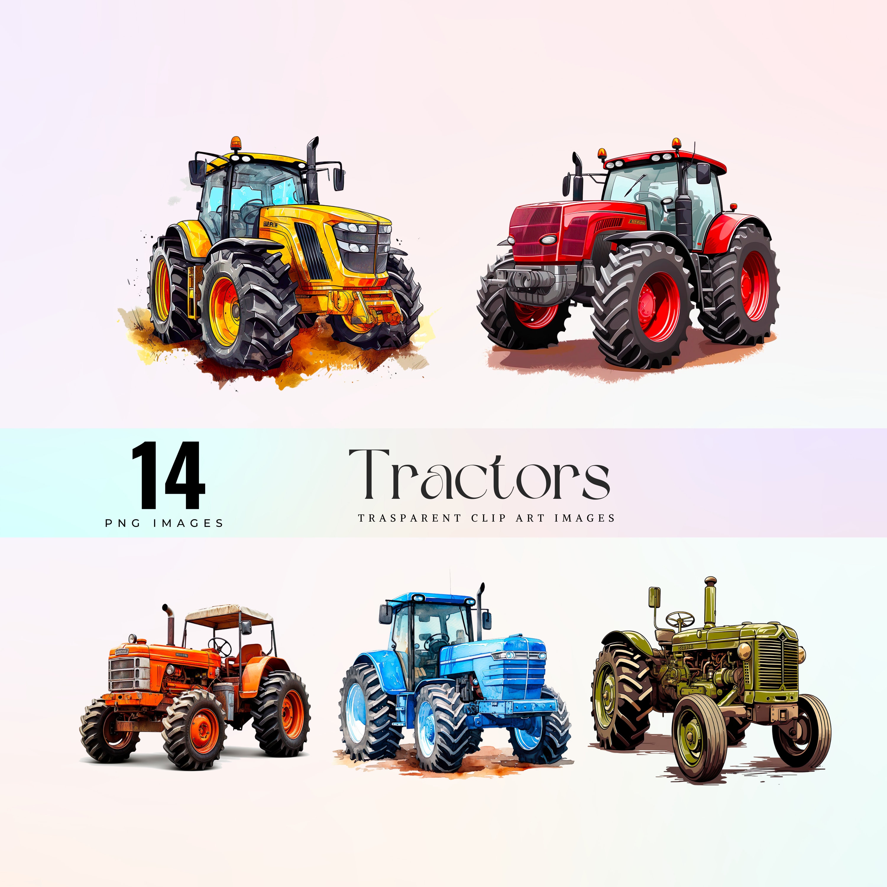 Watercolor Tractor Clip Art, Multicolor Farm Vehicle Illustration PNG ...