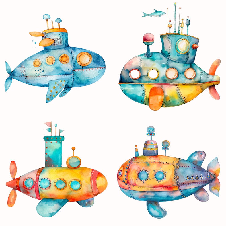 Watercolor Submarine Clip Art: Whimsical Undersea PNG (digital Download ...