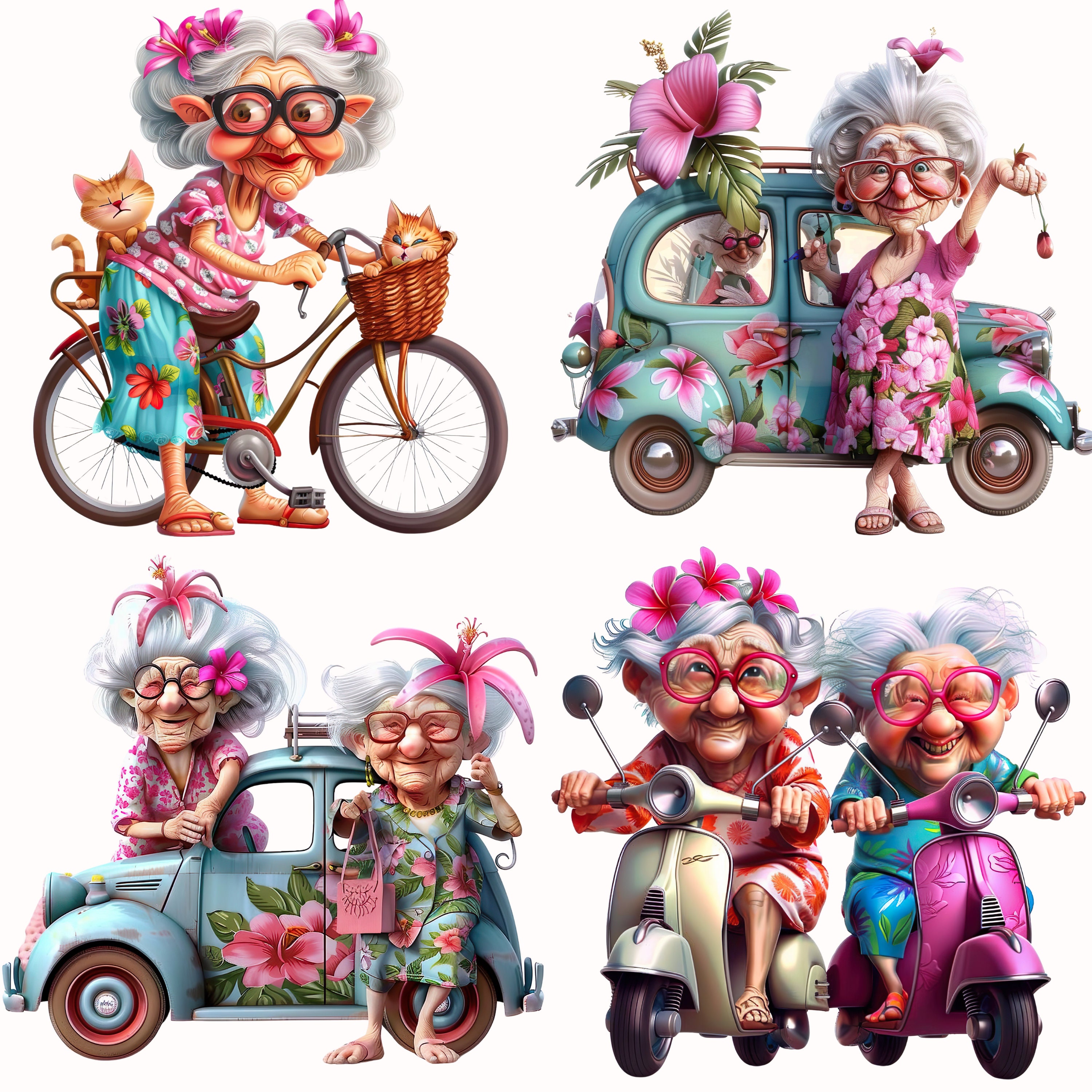 Funny Old Grannies Travel Clip Art, Watercolor Eccentric Elderly ...