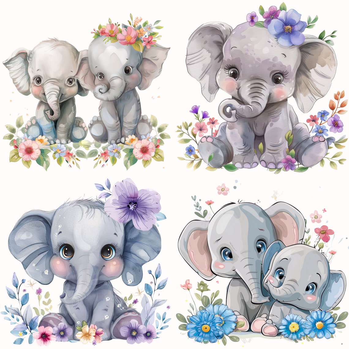 Adorable Baby Elephant Clip Art, Watercolor Lovely Elephants and ...
