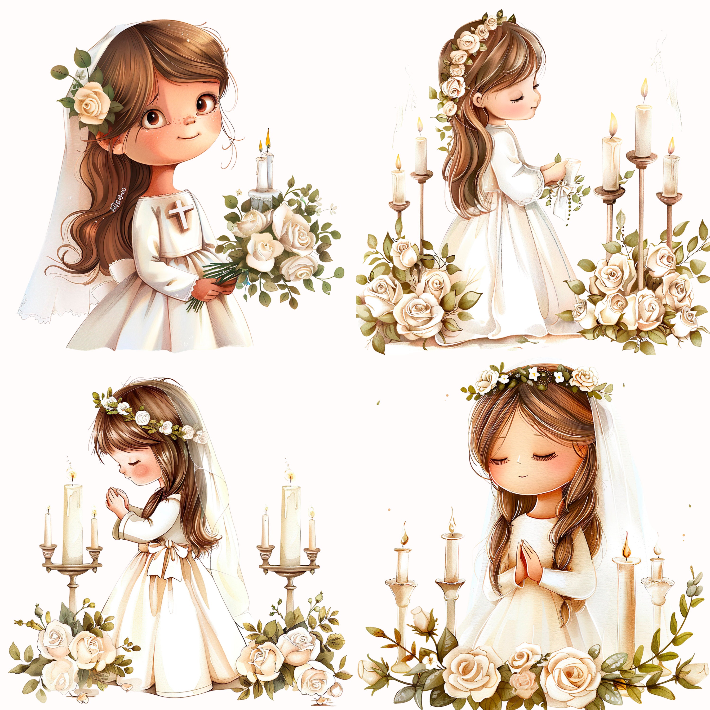 Watercolor First Communion Girls Clip Art: Sweet Angels PNG (digital ...