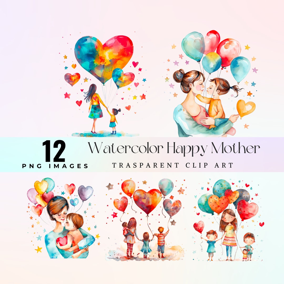 Adorable Mother Day Clip Art, Watercolor Sweet Mom With Her Children ...