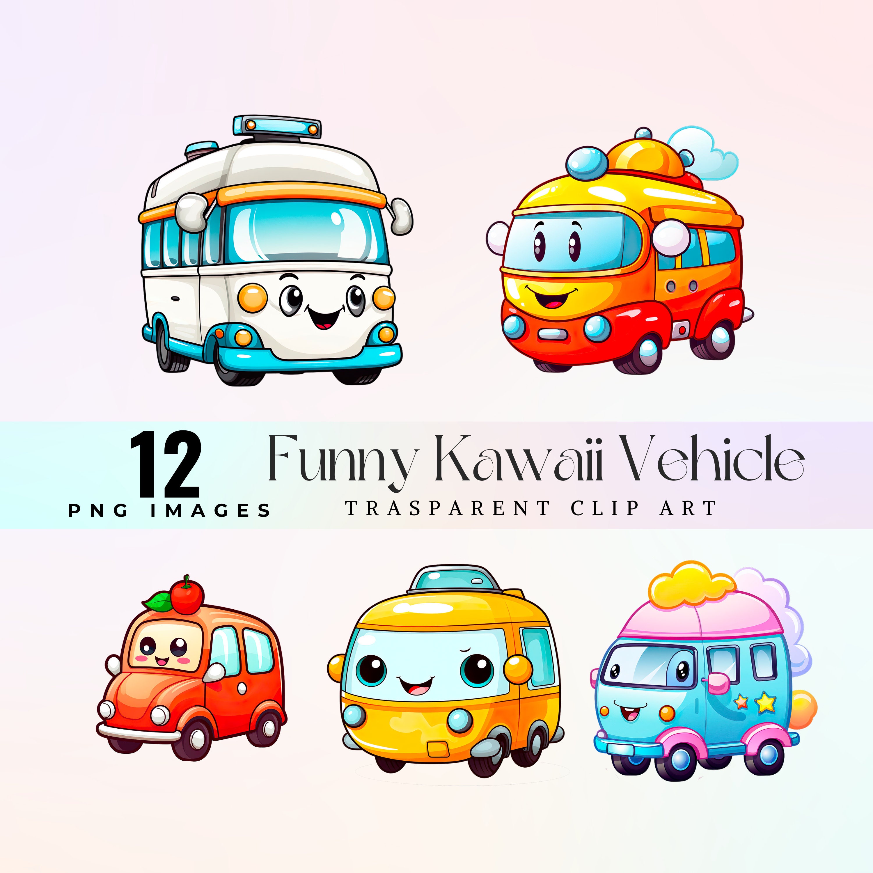 Funny Kawaii Vehicle Clip Art, Watercolor Adorable Kawaii Trucks PNG ...
