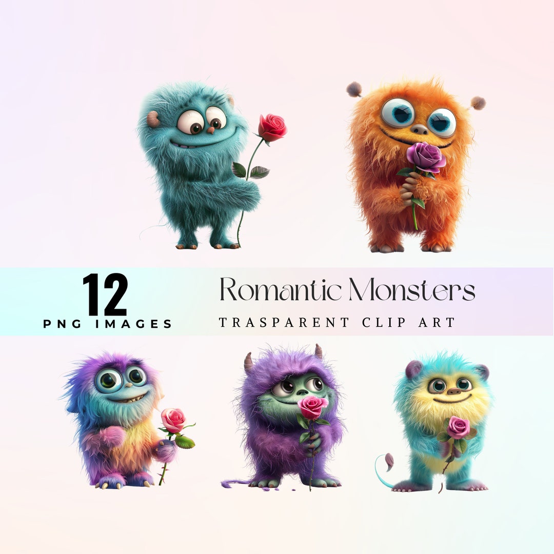 Romantic Monsters Clip Art, Watercolor Fluffy Rose Monsters ...