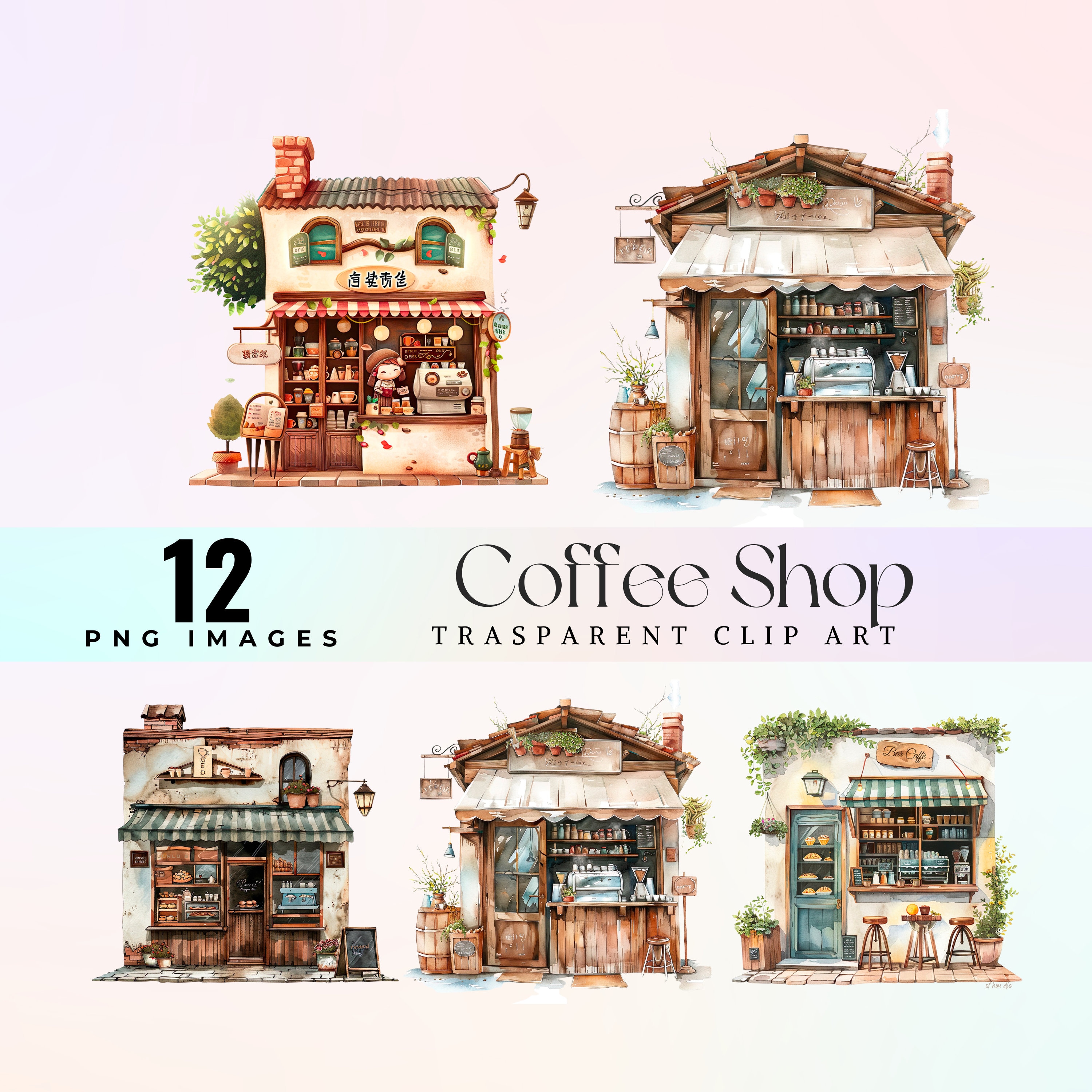 Cute Coffee Shop Clip Art, Watercolor Coffeehouse Illustration PNG ...