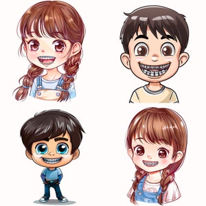 Funny Ortho Brace Kid Faces Clip Art, Watercolor Happy Chibi Children ...