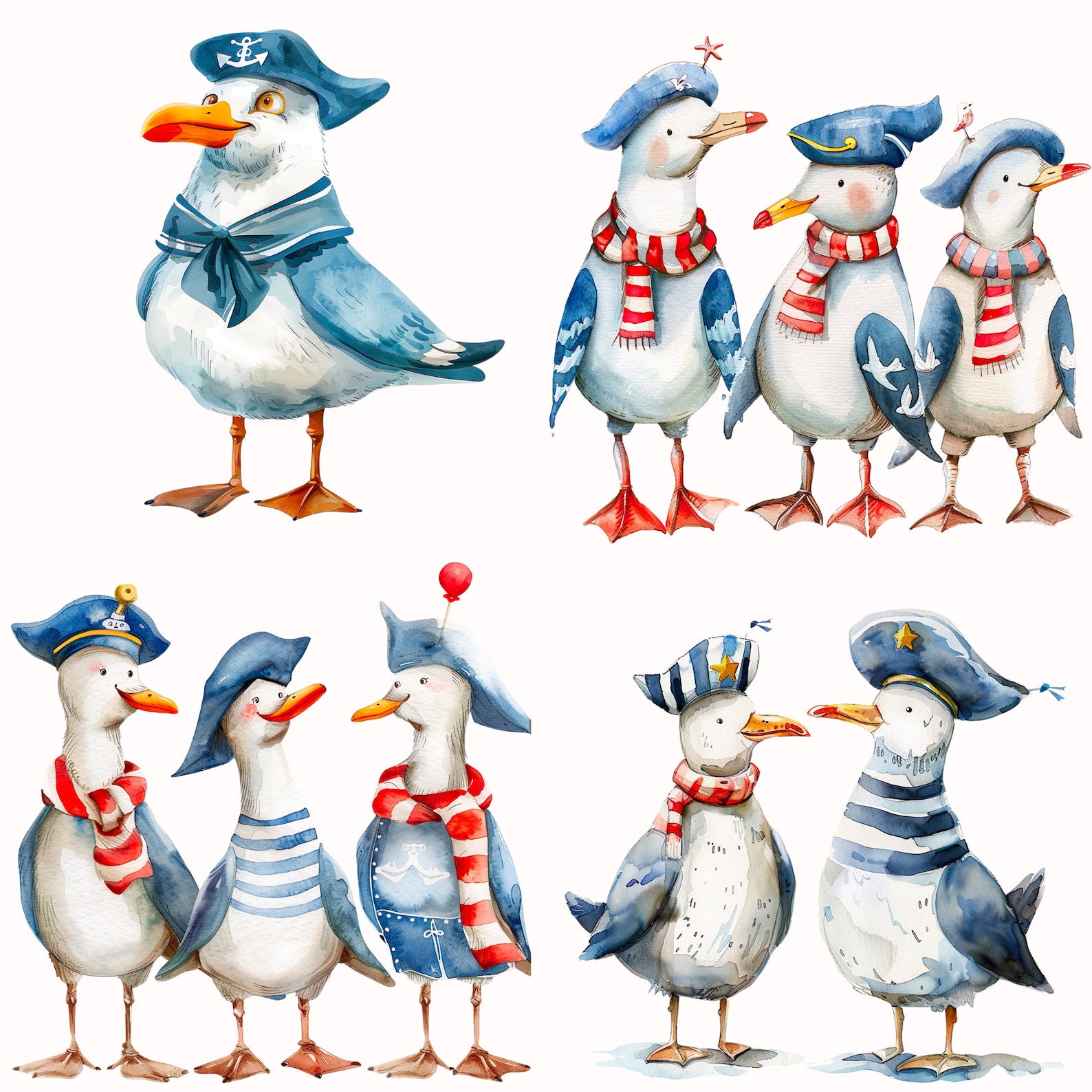 Watercolor Sailor Seagulls Clip Art: Nautical PNG Illustration (digital ...