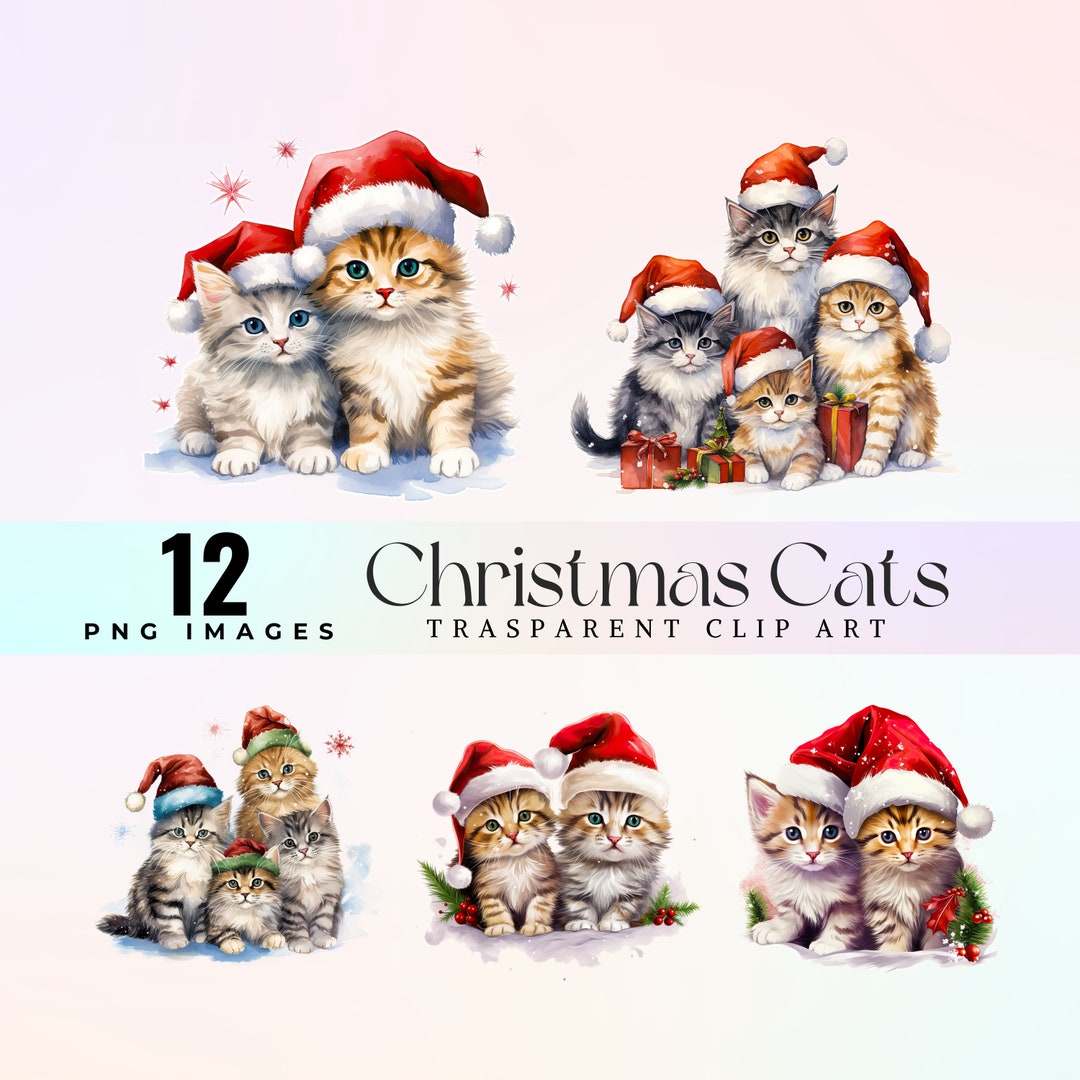 Christmas Cats Clip Art, Watercolor Christmas Kittens PNG, Cute Santa's ...